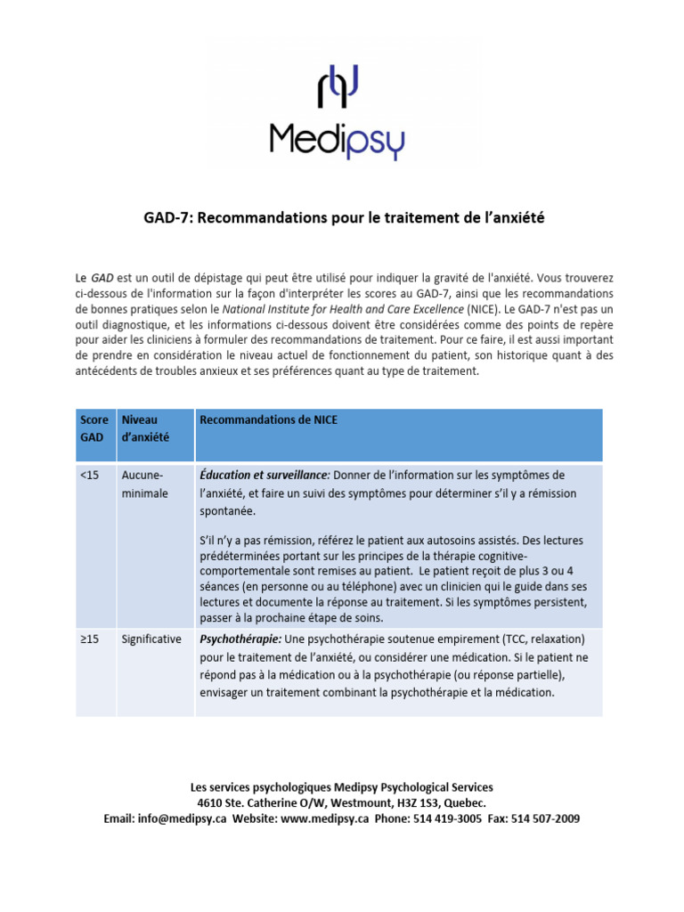 Interprétation des scores GAD-7 | PDF
