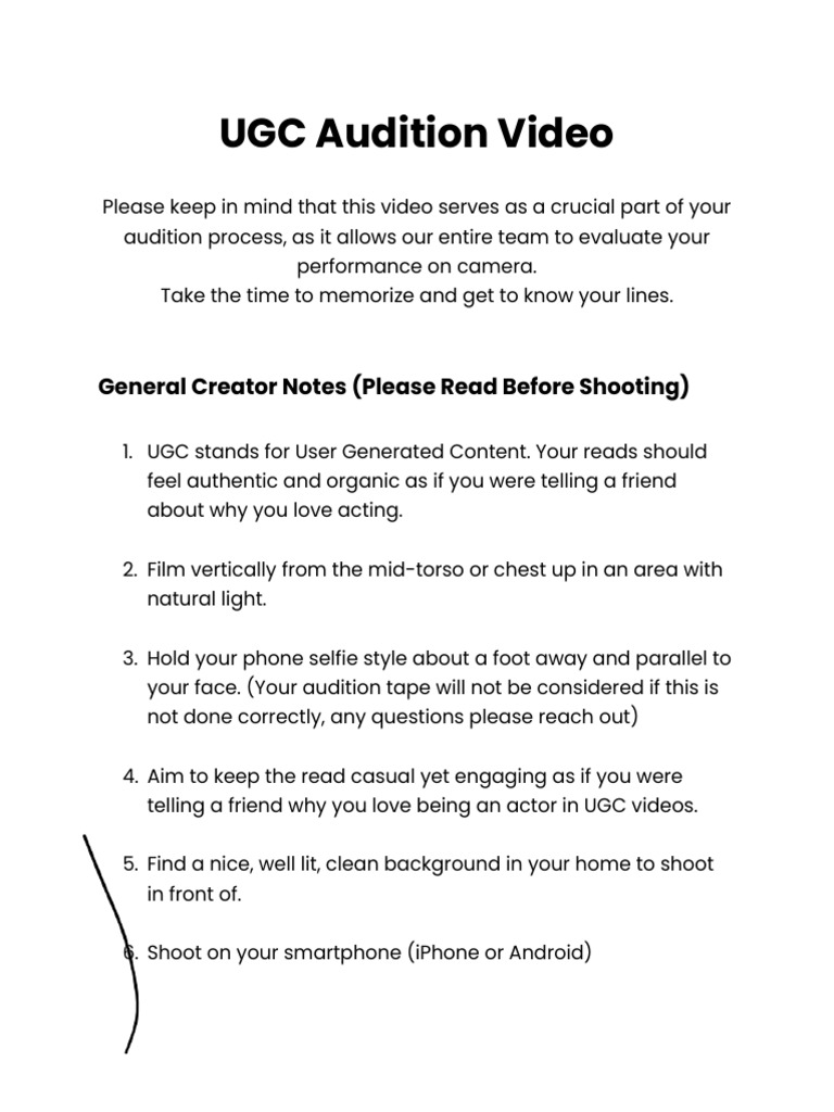 UGC Audition Video Script Instructions. 2 | PDF