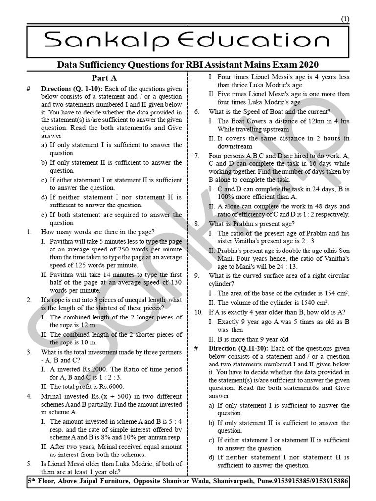 Data Sufficiency (Questions) | PDF | Interest | Compound Interest