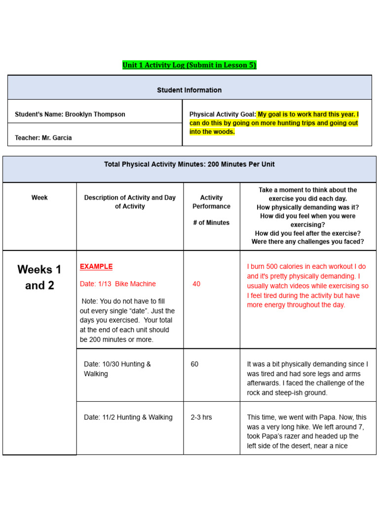 Student Physical Activity Log Tracker | PDF | Physical Fitness