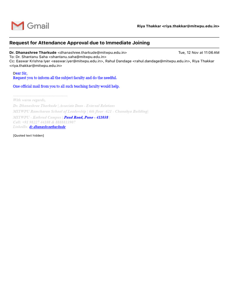 Request For Attendance Approval Due To Immediate Joining | PDF