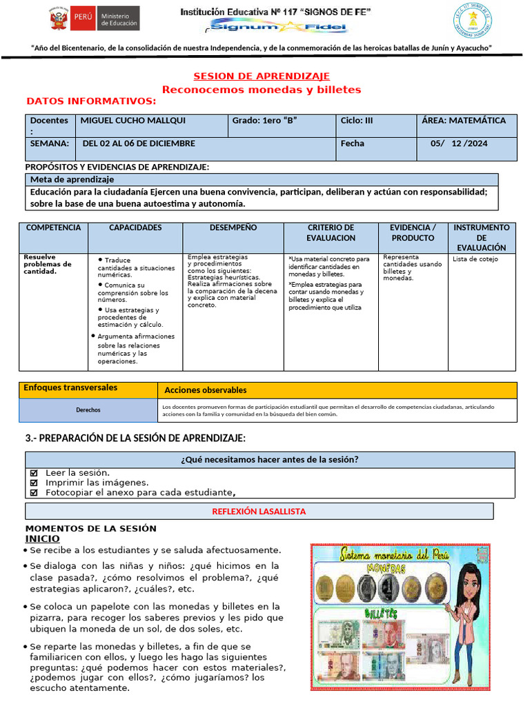 Reconocimiento de Monedas y Billetes | PDF | Evaluación | Aprendizaje