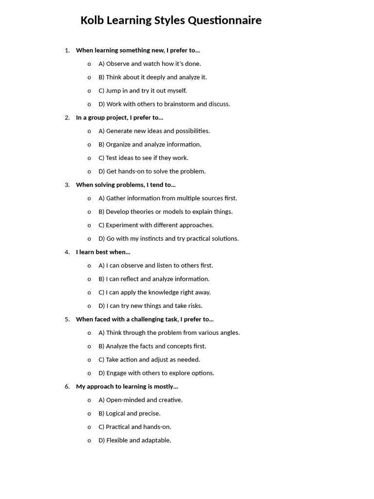 Kolb Learning Styles Questionnaire | PDF | Learning Styles | Neuroscience