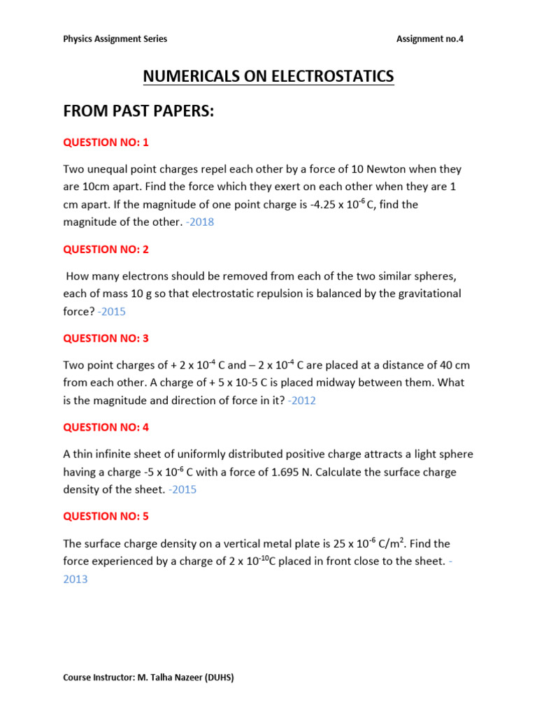 Assignment No.4 - Electrostatics-1 | PDF | Capacitor | Force