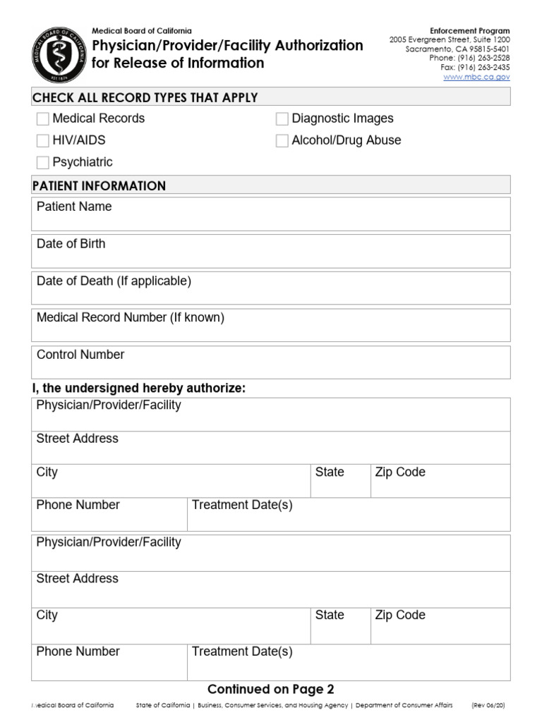 Authorization Information Release PhysicianProviderFacility | PDF ...