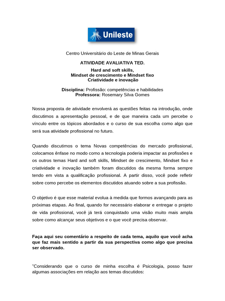 Atividade Ted Hard Skill Mindset Criatividade e Inovação | PDF ...