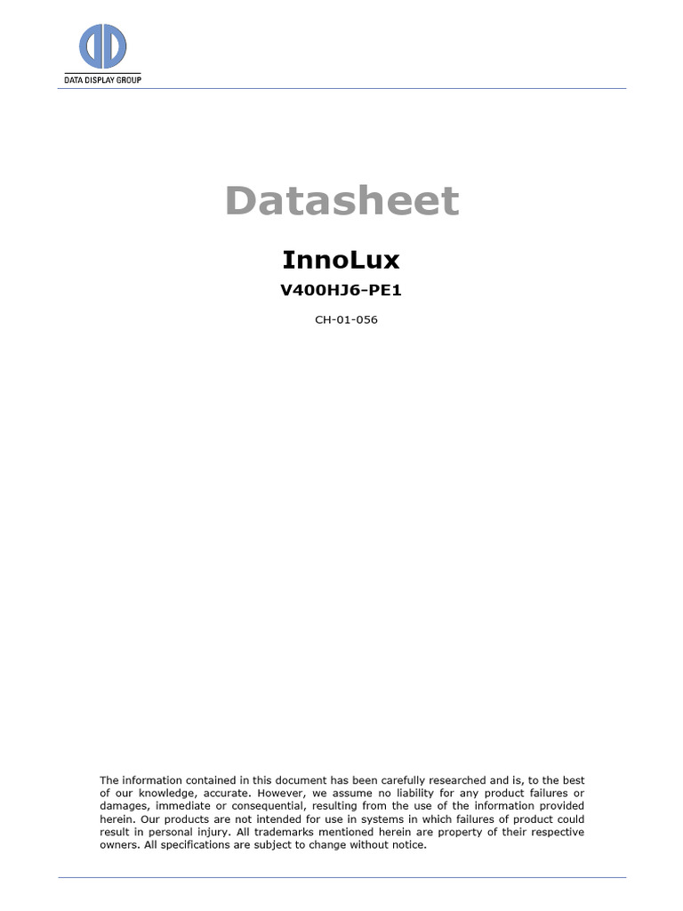 Datasheet. InnoLux V400HJ6-PE1 CH | PDF | Liquid Crystal Display | Electronics