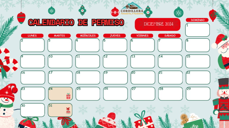 Calendario Mes de Diciembre 2024 Ilustrado Navideño Rojo y Verde | PDF