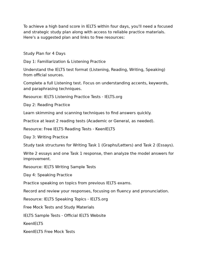 4-Day IELTS Study Plan for High Scores | PDF