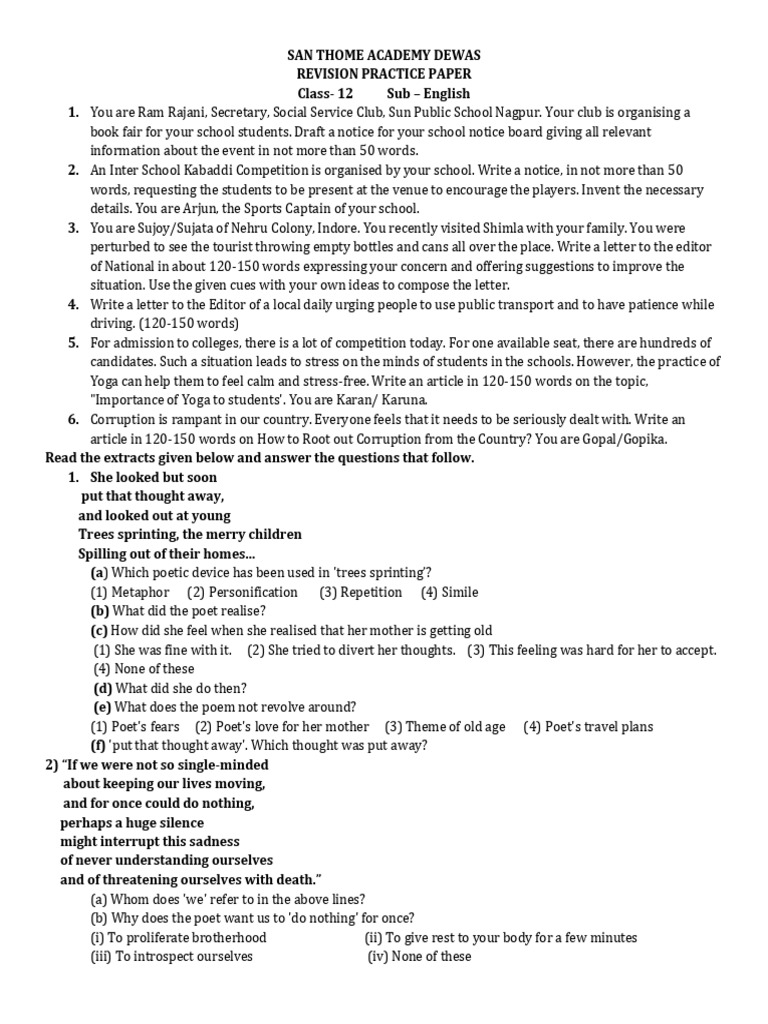 Class 12 English Revision Worksheet | PDF | Poetry
