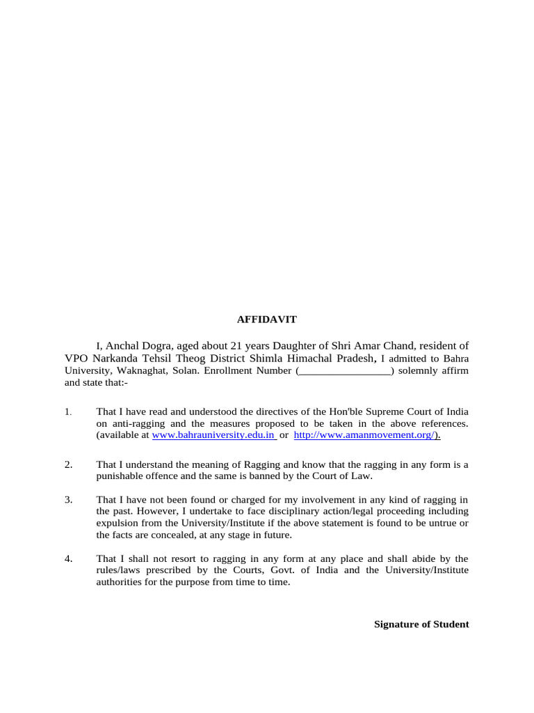 Anti-Ragging Affidavit Statement | PDF