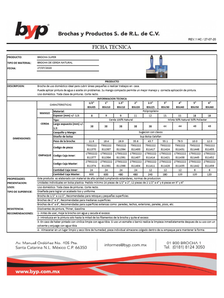 Ficha Tecnica de Brochas ByP Super | PDF | Cepillo | Pintar