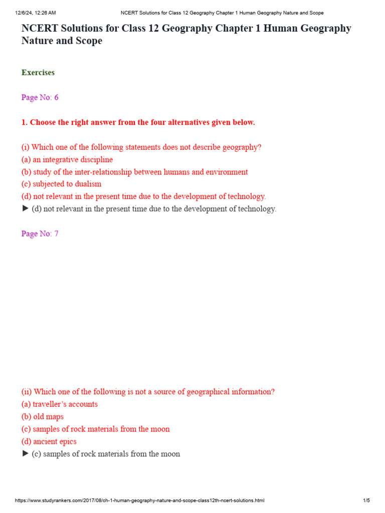NCERT Solutions For Class 12 Geography Chapter 12 Human Geography ...
