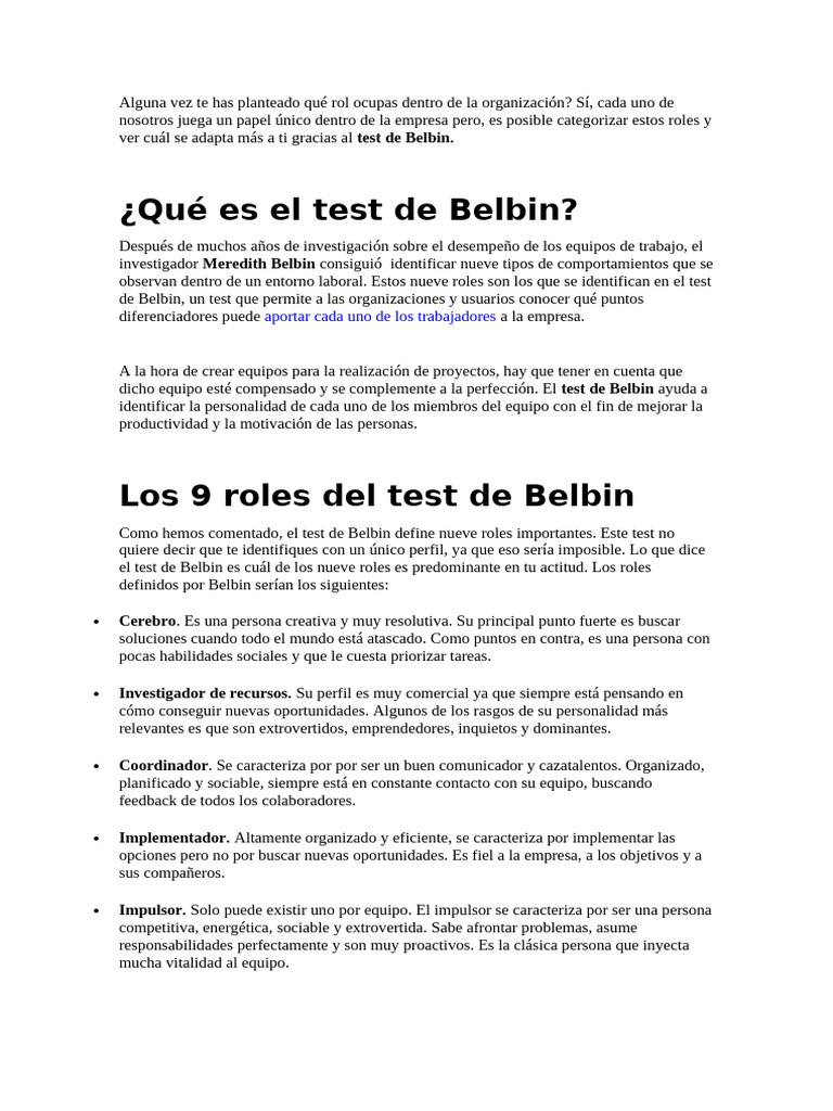 Introducción Test Belbin | PDF | Cognición