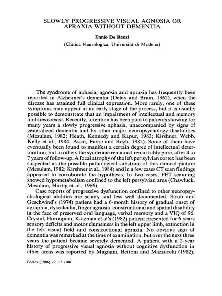 SLOWLY PROGRESSIVE VISUAL AGNOSIA OR APRAXIA WITHOUT DEMENTIA | PDF ...