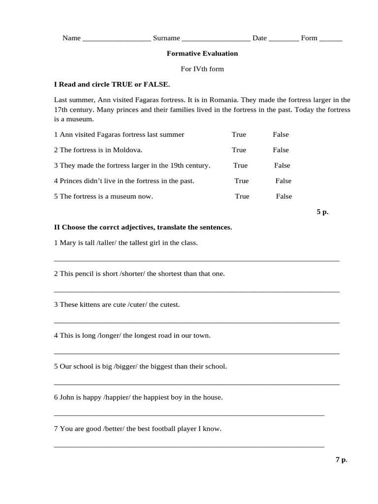 Formative Evaluation For IV Form | PDF
