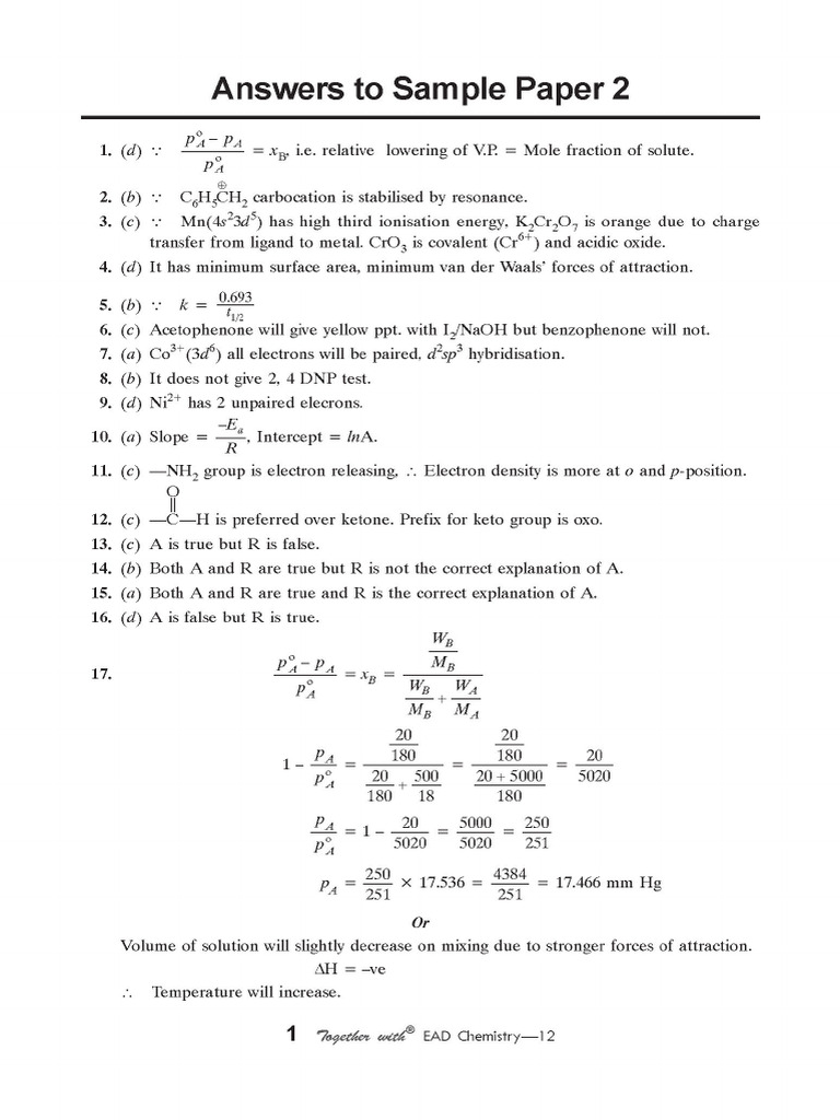 Cbse cl12 Ead Chemistry Answers To Sample Paper 2 2025 | PDF