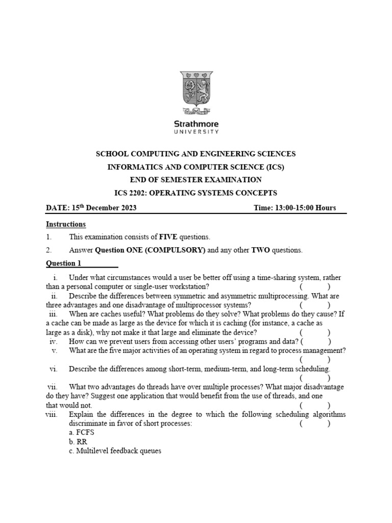 ICS 2202 - Operating systems concepts - December 2023 | PDF | Scheduling (Computing) | Computing