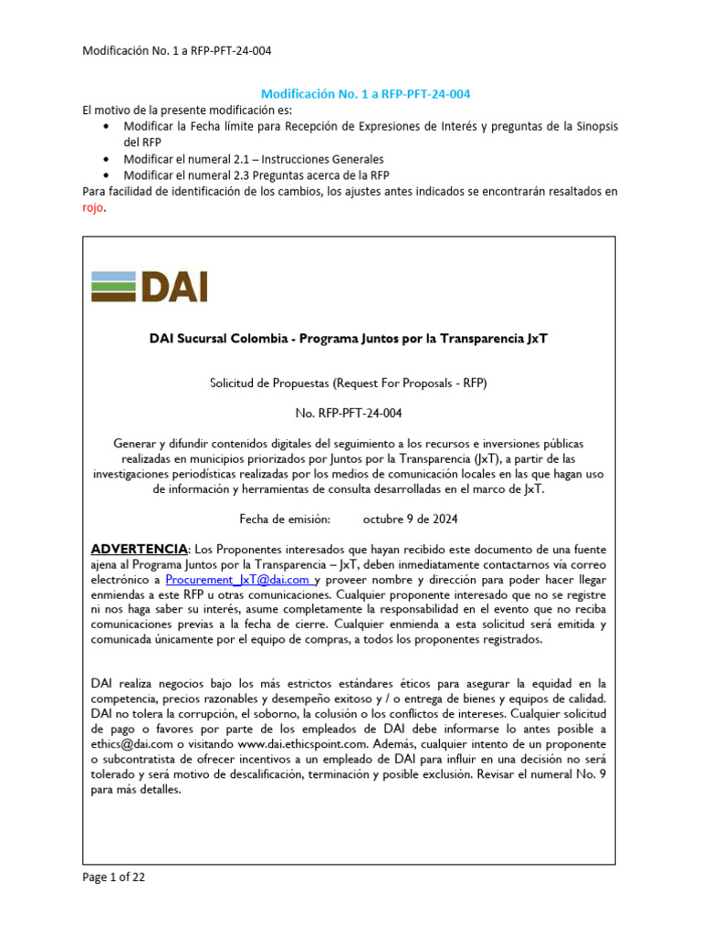 Modificacion No. 1 RFP-PFT-24-004 - GCD 16102024 | PDF | Corrupción política | Responsabilidad