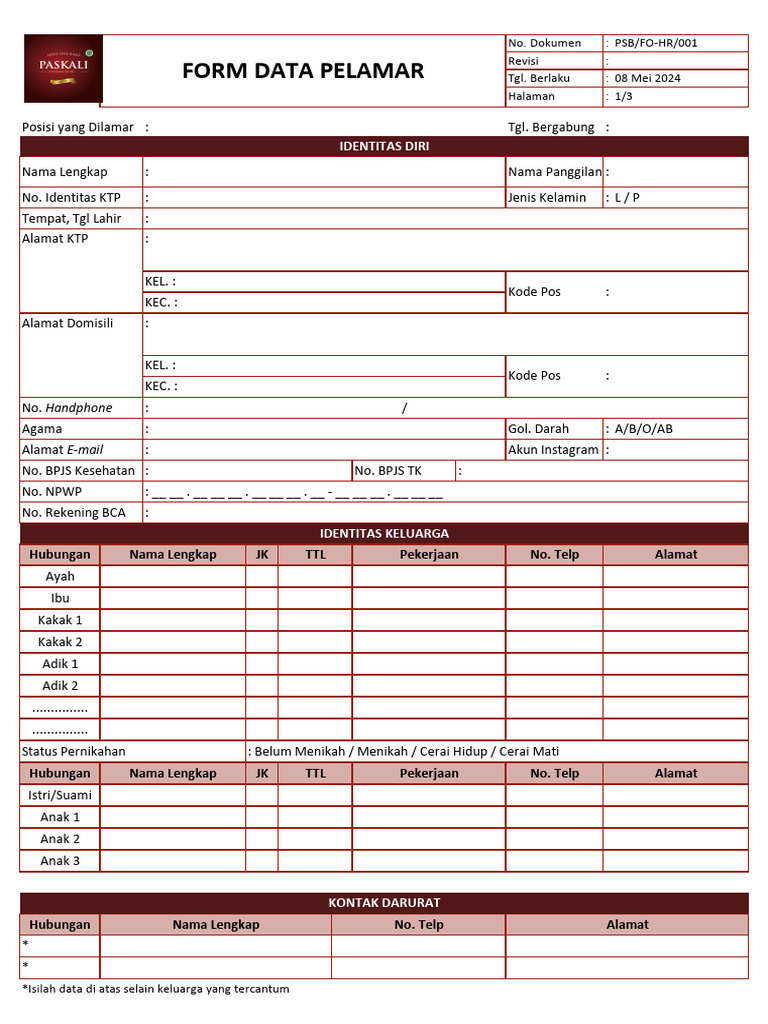 001.form Data Diri Pelamar | PDF