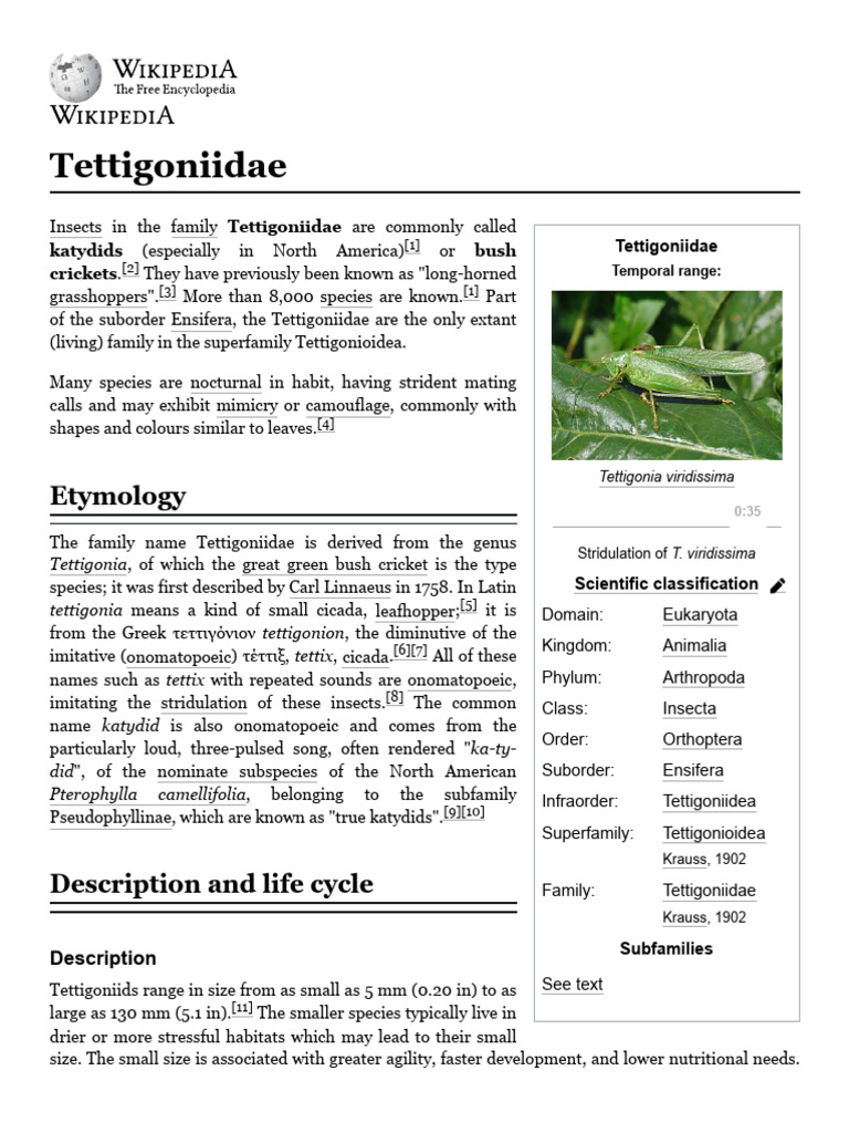 10e. Tettigoniidae - Wikipedia | PDF | Insects