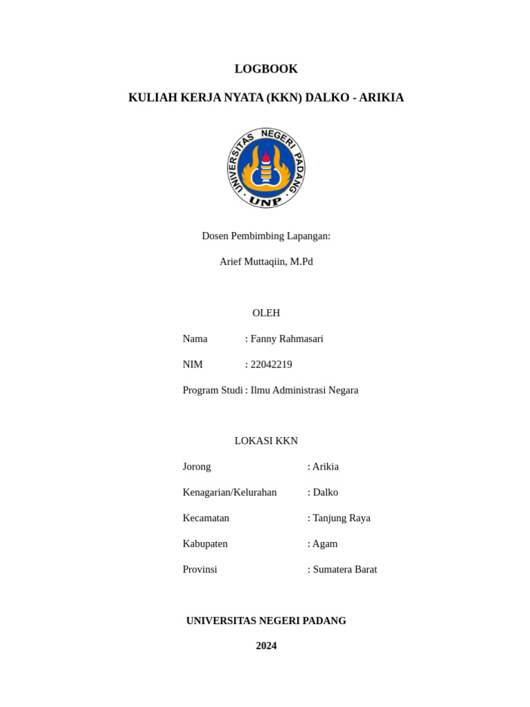Log-Book KKN Unp Jilid IV Arikia-Dalko Fanny Rahmasari | PDF