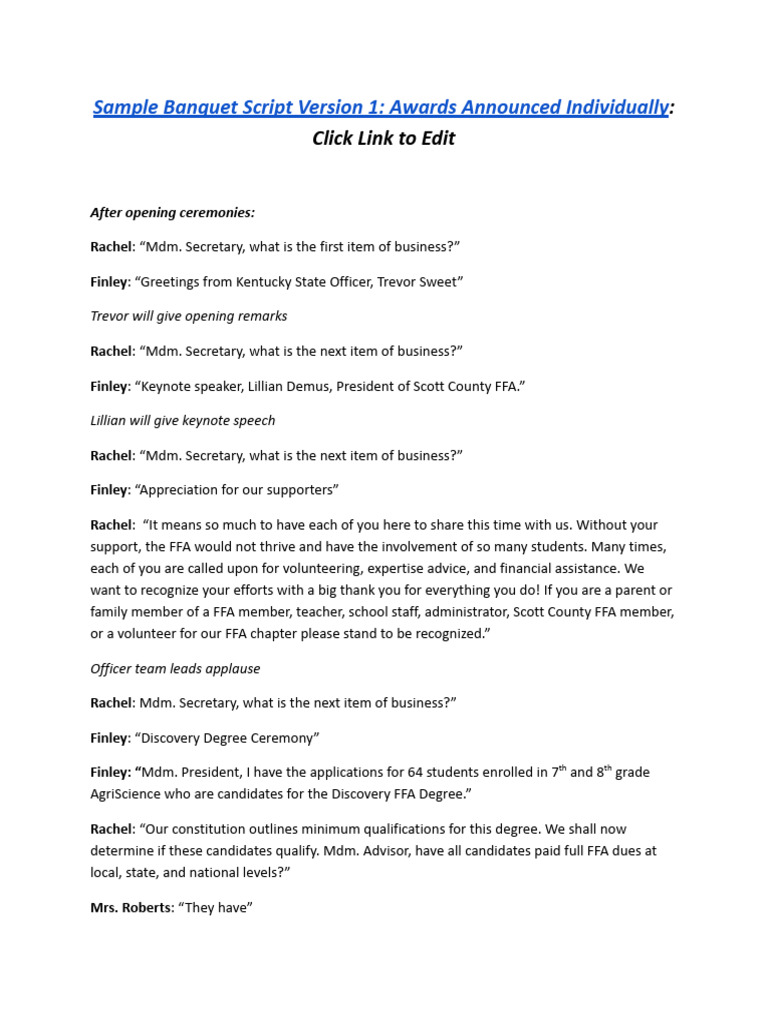 FFA Banquet Script: Individual Awards Ceremony | PDF