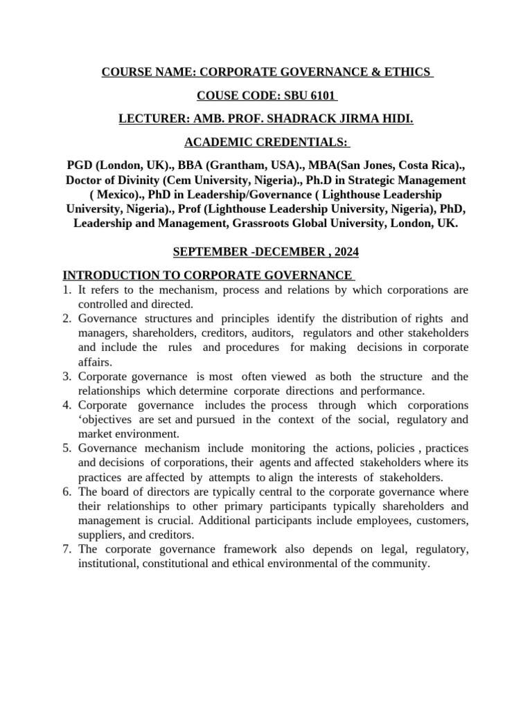 INTRODUCTION TO CORPORATE GOVERNANCE | PDF