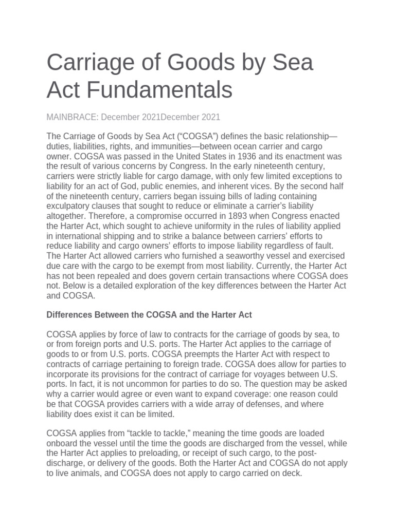 Carriage of Goods by Sea Act Fundamentals | PDF | Civil Law (Legal ...