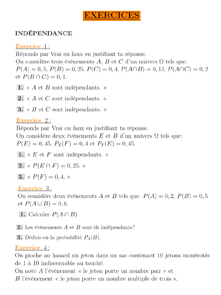 Exercices Proba Cond 1 RE Fiche 3 | PDF