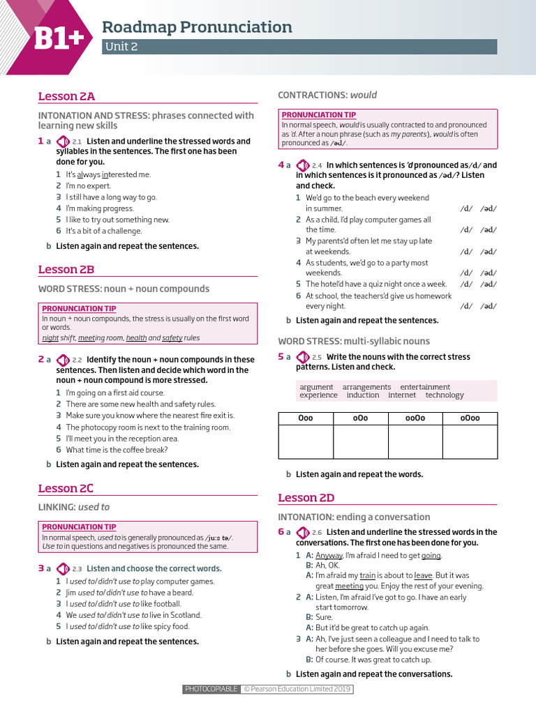 ROADMAP B1+ Pron Worksheet Unit (2) | PDF | Stress (Linguistics) | Linguistics