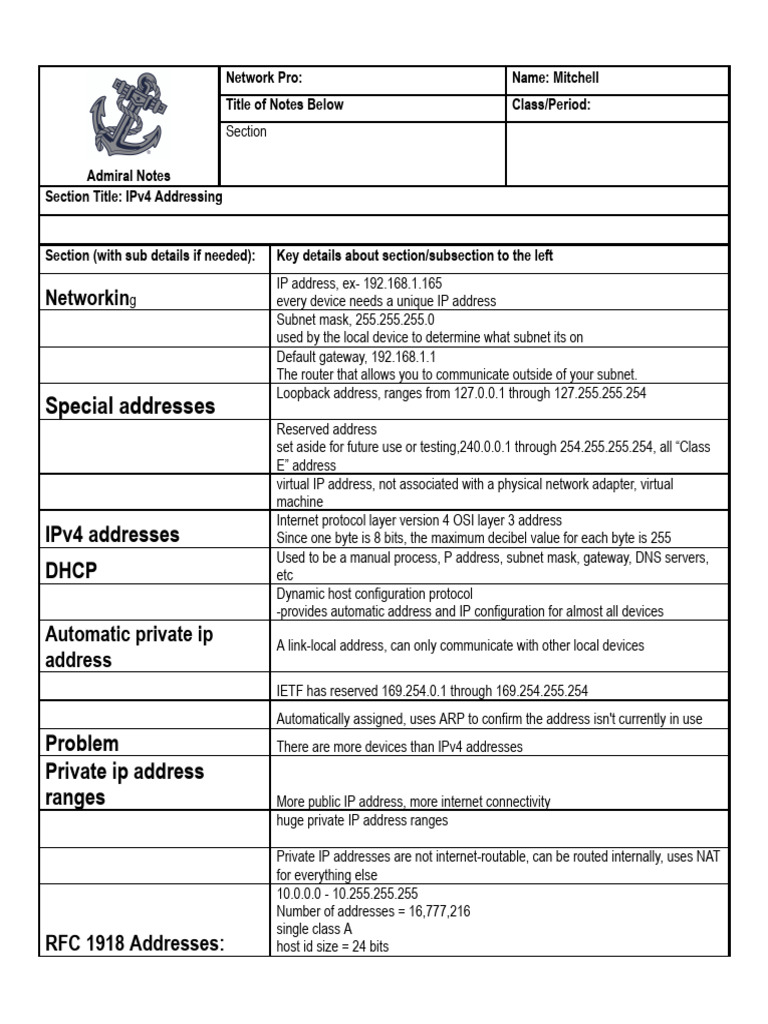 IPv4 Addressing Notes Messer | PDF | Ip Address | Internet Protocols