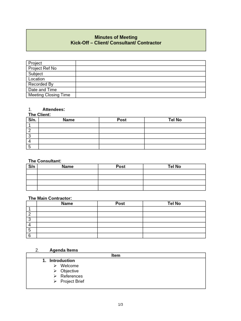Minutes of Meeting (Kick Off - Client_Consultant_Contractor) | PDF