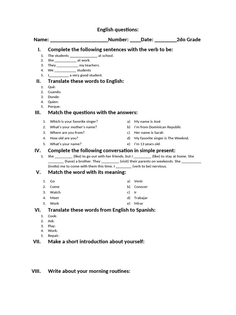 English Questions 2do Grade | PDF