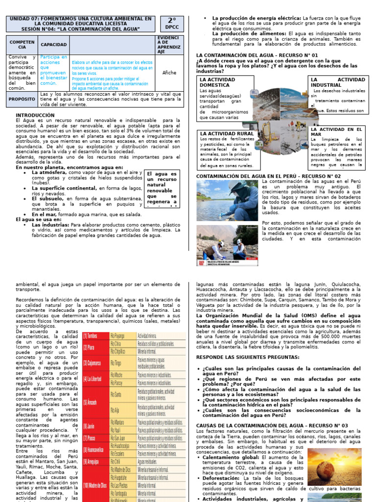 SESION N° 04 UNIDAD 07 DPCC 2DO | PDF | Agua | La contaminación del agua
