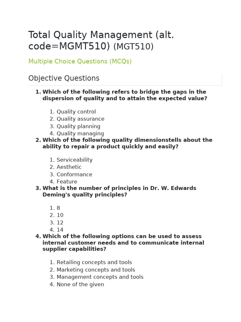 Total Quality Management MCQs | PDF | Quality Assurance | Quality ...