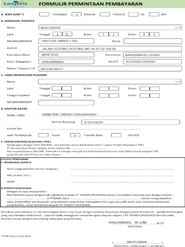 Edit Formulir Permintaan Pembayaran Taspen Isi | PDF