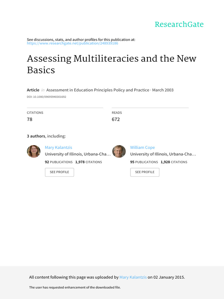 2003 - KALANTZIS, COPE, HARVEY, Assessing - Multiliteracies - and - The ...