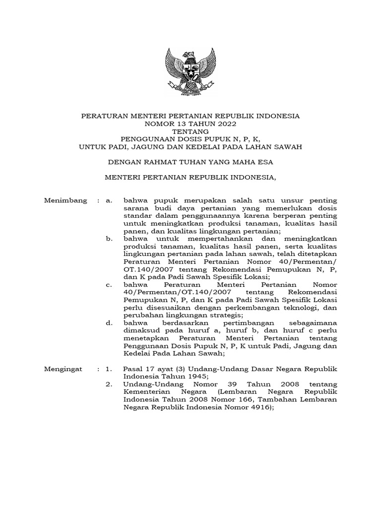 Permentan No 13 Tahun 2022 | PDF