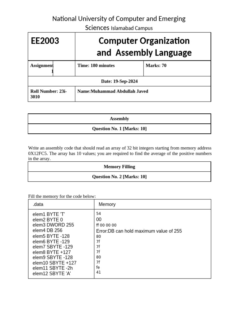 EE2003 COAL Assignment 1 | PDF | Assembly Language | Integer (Computer Science)