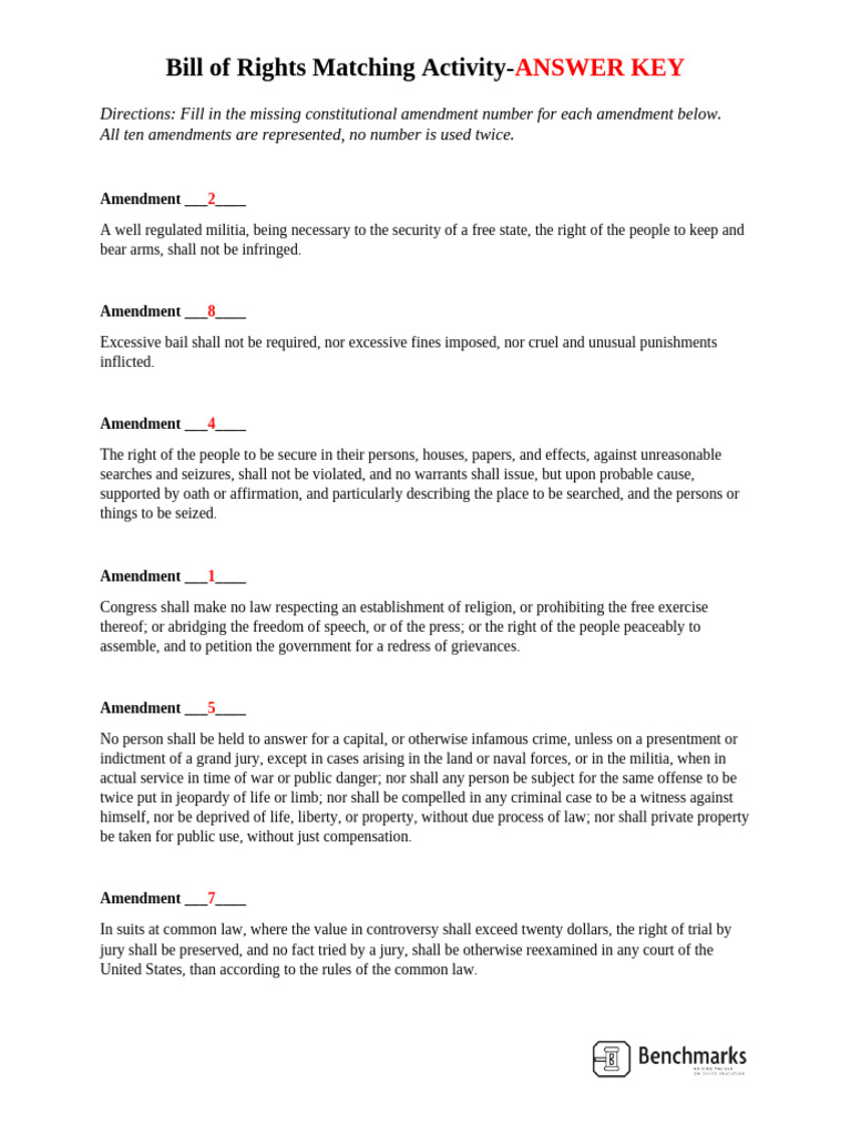 Bill-of-Rights-Matching-Answer-Key | PDF | United States Bill Of Rights ...