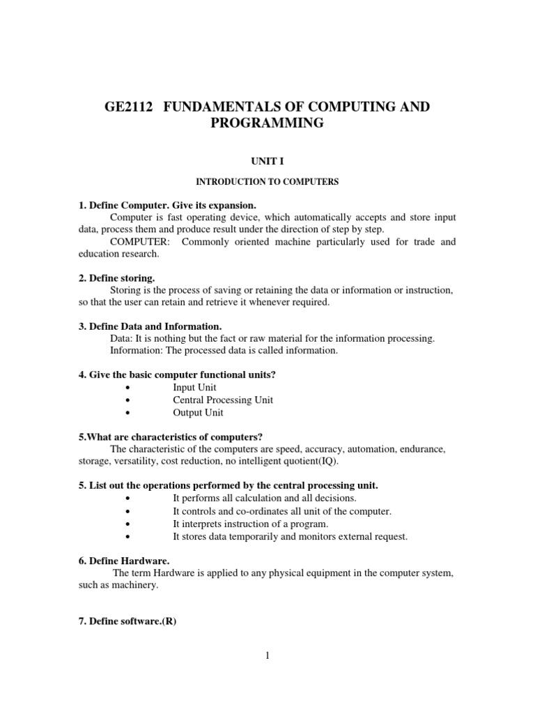 Ge2112 Fundamentals of Computing and Programming: Introduction To ...