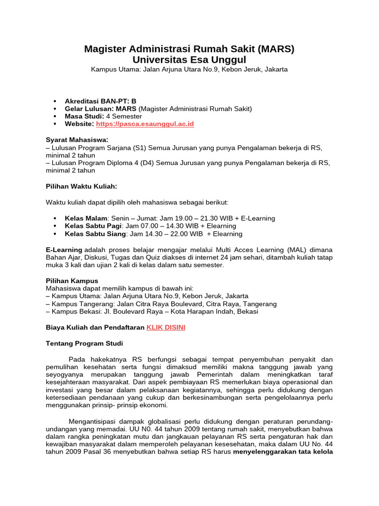 Magister Administrasi Rumah Sakit Esa Unggul | PDF