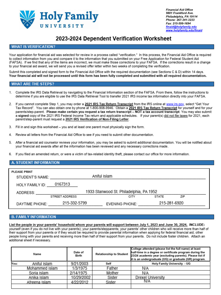 2023-2024 Dependent Verification Form | PDF | Irs Tax Forms | Internal ...
