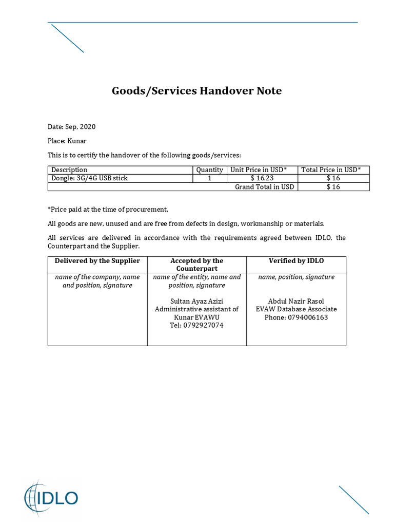 03_Goods Services Handover Note for Dongle | PDF