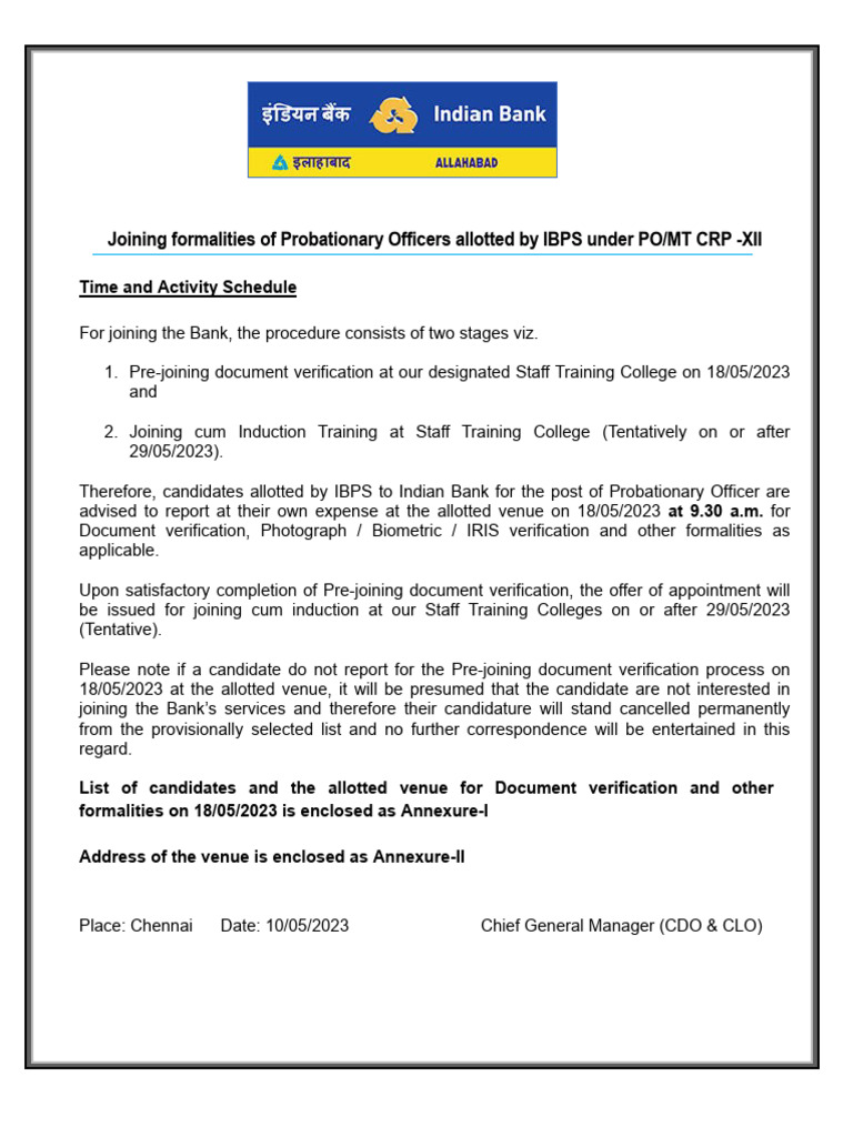 Joining Formalities of Probationary Officers Allotted by IBPS Under ...