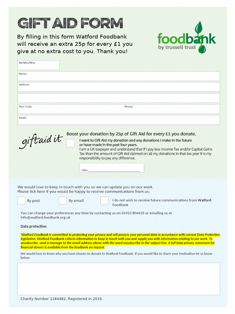 Watford Foodbank Gift Aid Form | PDF