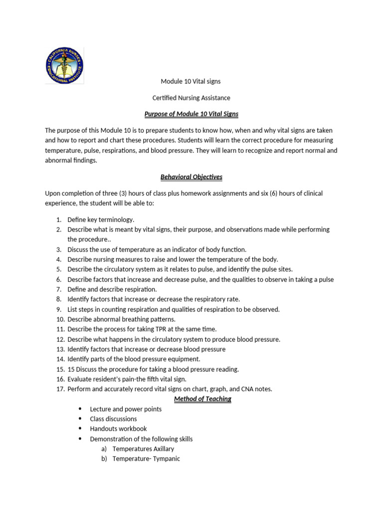CNA Module: Vital Signs Training | PDF | Medical Specialties | Physiology