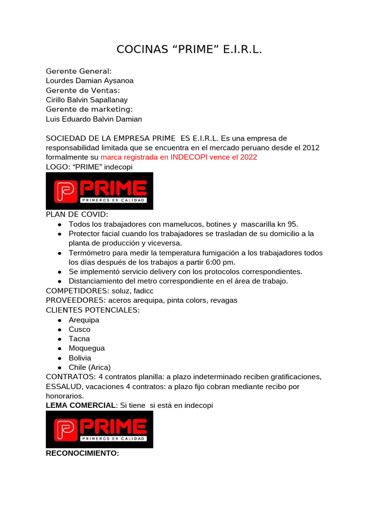 Informe Final Cocinas Prime Derecho Emp. | PDF