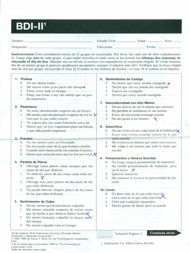 Cuestionario de Depresión Beck | PDF